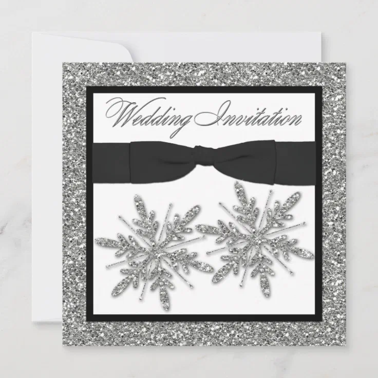 PRINTED BOW Glitter LOOK Snowflakes Wedding Invite | Zazzle