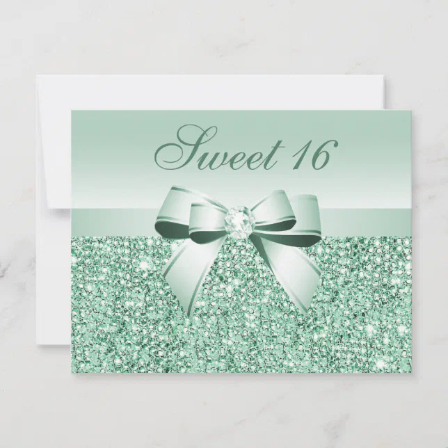 Printed Mint Green Sequins, Bow & Diamond Sweet 16 Invitation | Zazzle