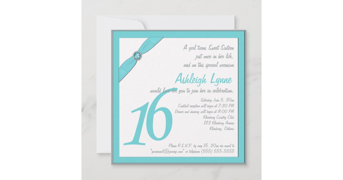 PRINTED RIBBON Aqua, Gray Sweet 16 Invite | Zazzle