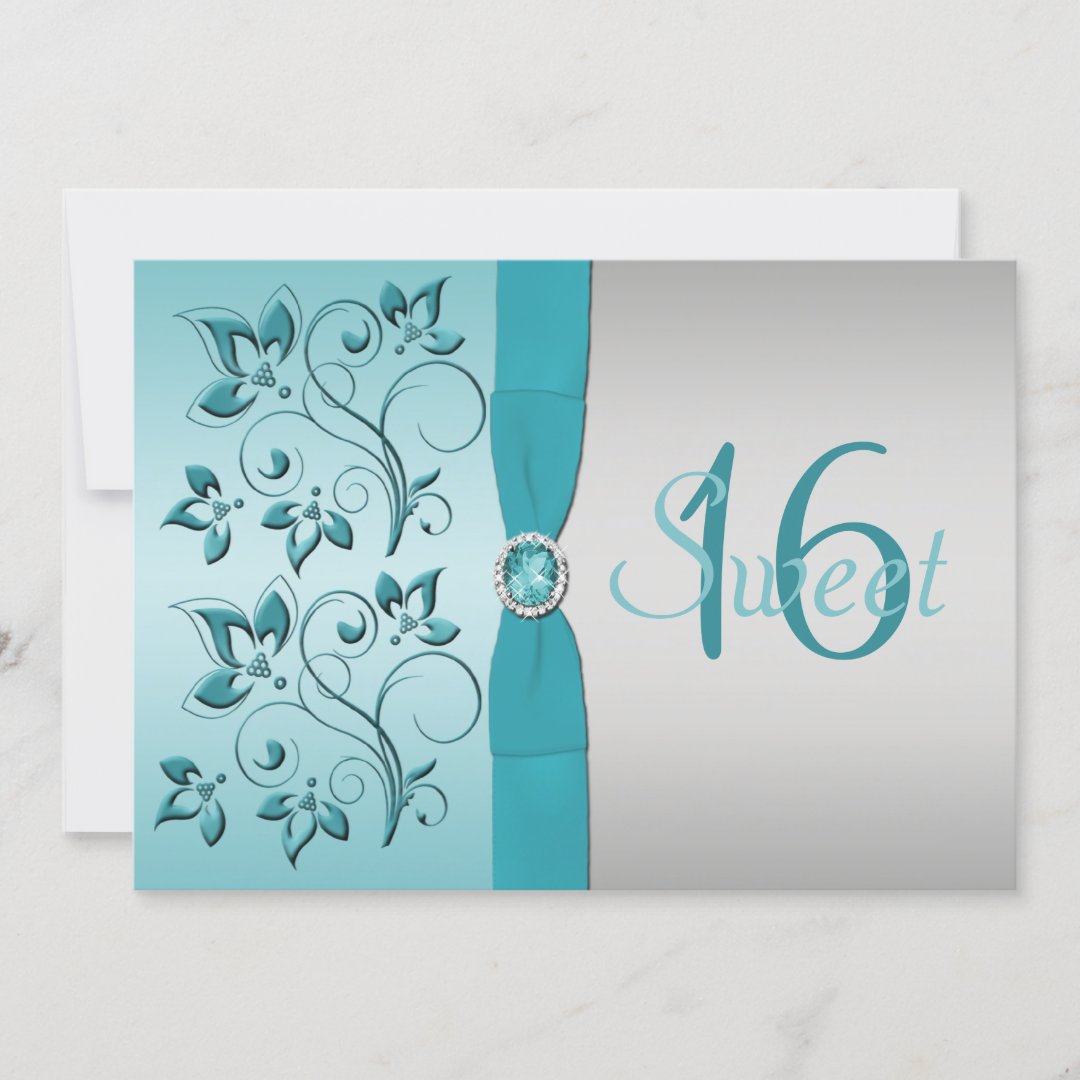 PRINTED RIBBON Aqua, Silver Sweet 16 Party Invite | Zazzle