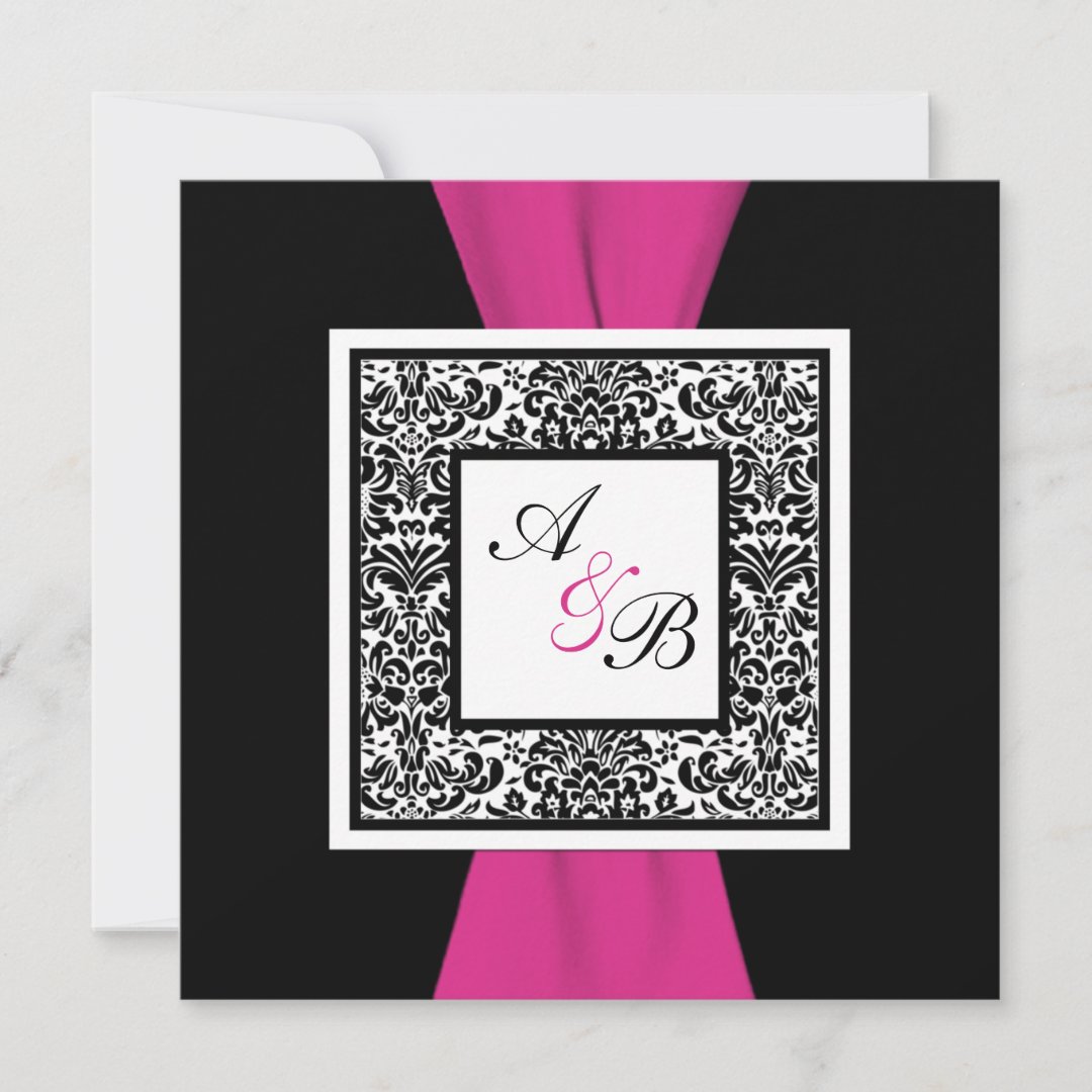 PRINTED RIBBON Black, White, Pink Damask Invite | Zazzle