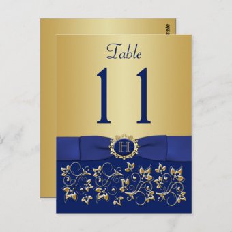 PRINTED RIBBON Blue Gold Table Number Postcard | Zazzle