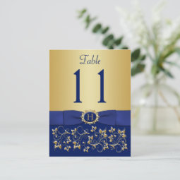 PRINTED RIBBON Blue Gold Table Number Postcard | Zazzle