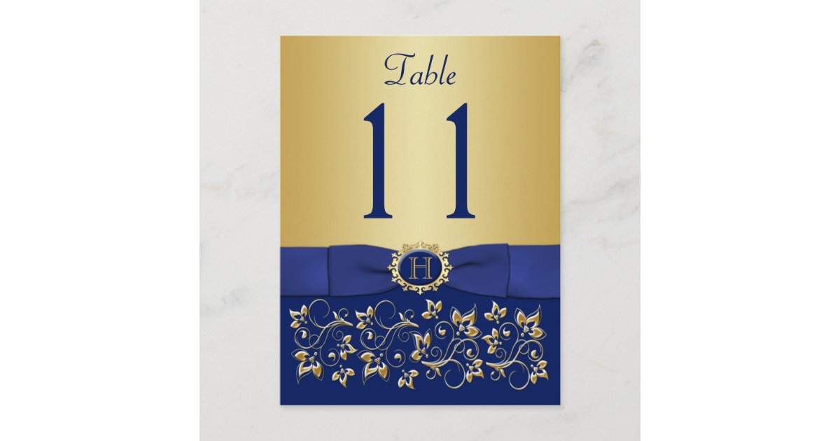 PRINTED RIBBON Blue Gold Table Number Postcard | Zazzle