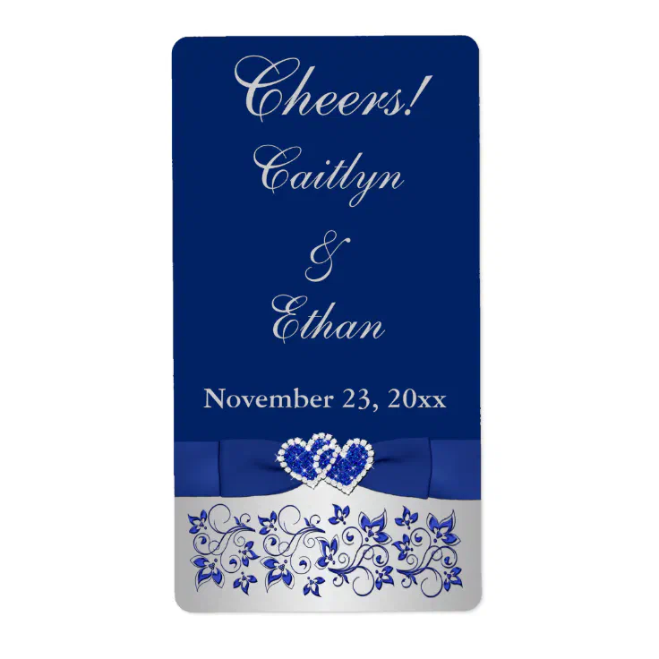 PRINTED RIBBON Blue, Silver Wedding Wine Label | Zazzle