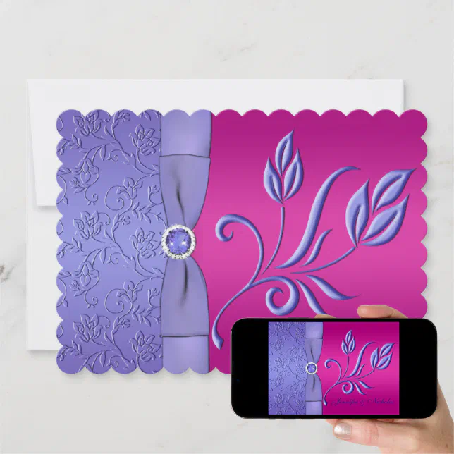 PRINTED RIBBON Fuchsia, Periwinkle Floral Wedding Invitation | Zazzle