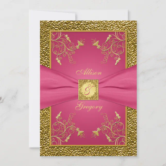 PRINTED RIBBON Pink Gold Floral Wedding Invitation | Zazzle