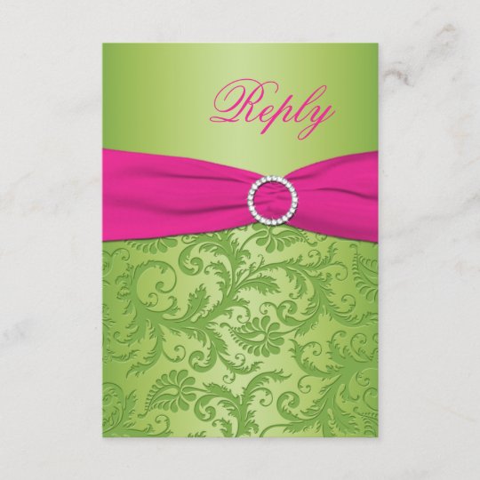 PRINTED RIBBON Pink, Green Damask Reply Card | Zazzle.com