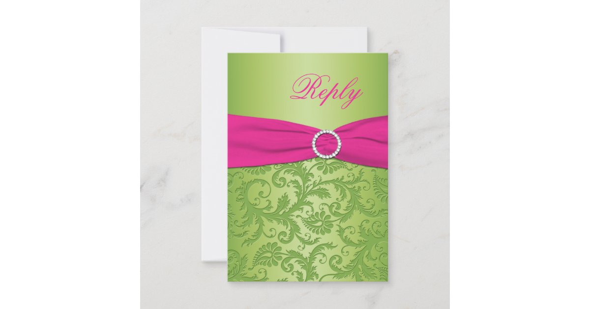 PRINTED RIBBON Pink, Green Damask Reply Card | Zazzle