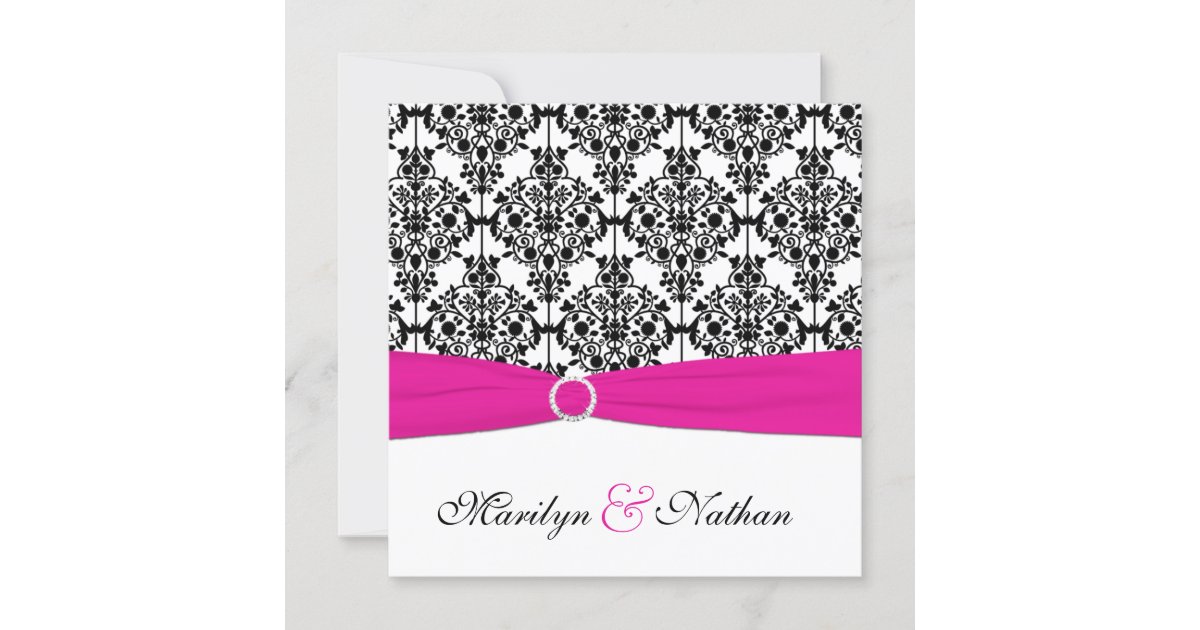 PRINTED RIBBON Pink White Black Damask Wedding Invitation | Zazzle