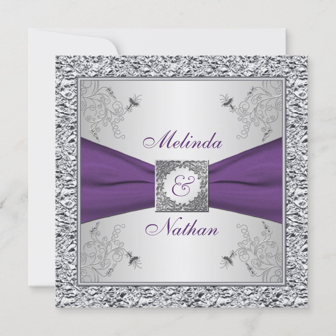 PRINTED RIBBON Purple Silver Wedding Invitation II | Zazzle