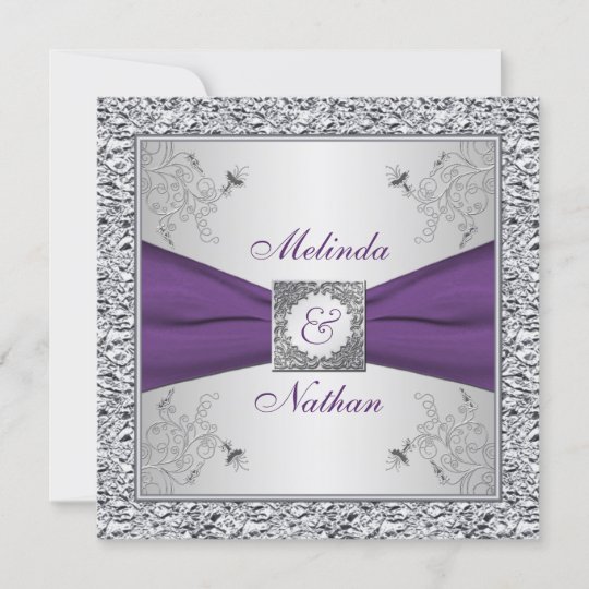 PRINTED RIBBON Purple Silver Wedding Invitation II | Zazzle