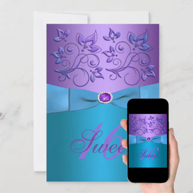 PRINTED RIBBON Purple, Turquoise Floral Sweet 16 Invitation | Zazzle