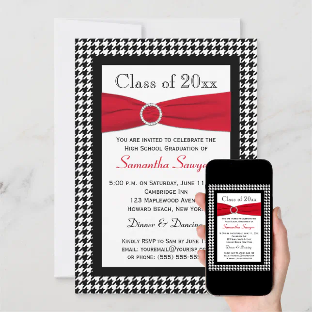 PRINTED RIBBON Red Black White Graduation Invite | Zazzle