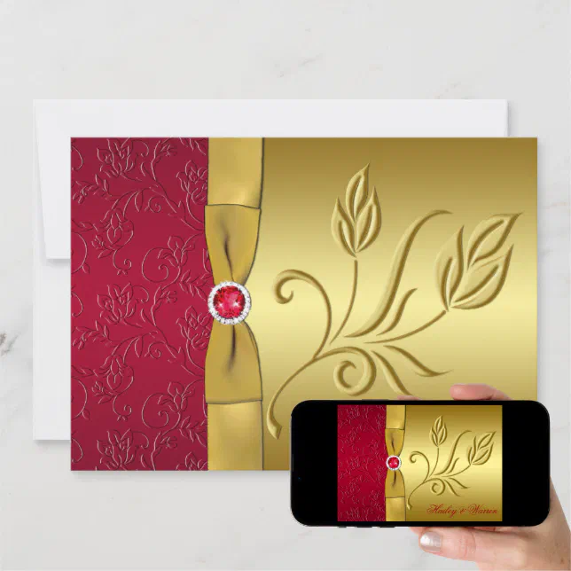 PRINTED RIBBON Red, Gold Floral Wedding Invitation | Zazzle