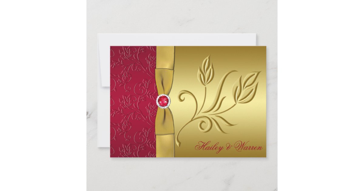 PRINTED RIBBON Red, Gold Floral Wedding Invitation | Zazzle
