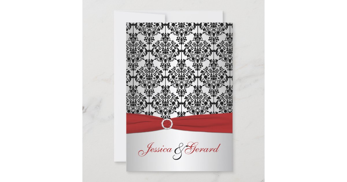 PRINTED RIBBON Red, Gray, & Black Damask Wedding Invitation | Zazzle