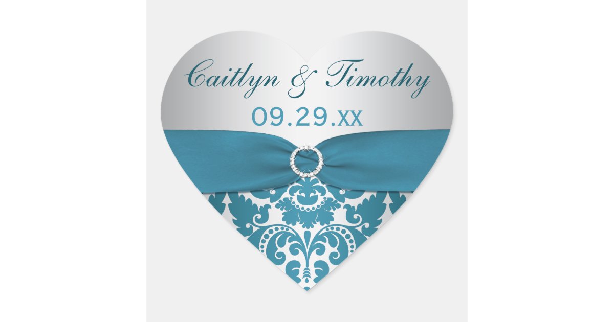PRINTED RIBBON Silver, Teal Damask Wedding Sticker | Zazzle