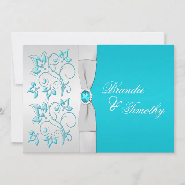 PRINTED RIBBON Turquoise, Silver Floral Wedding Invitation | Zazzle