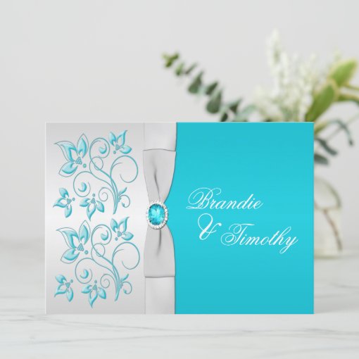 PRINTED RIBBON Turquoise, Silver Floral Wedding Invitation | Zazzle