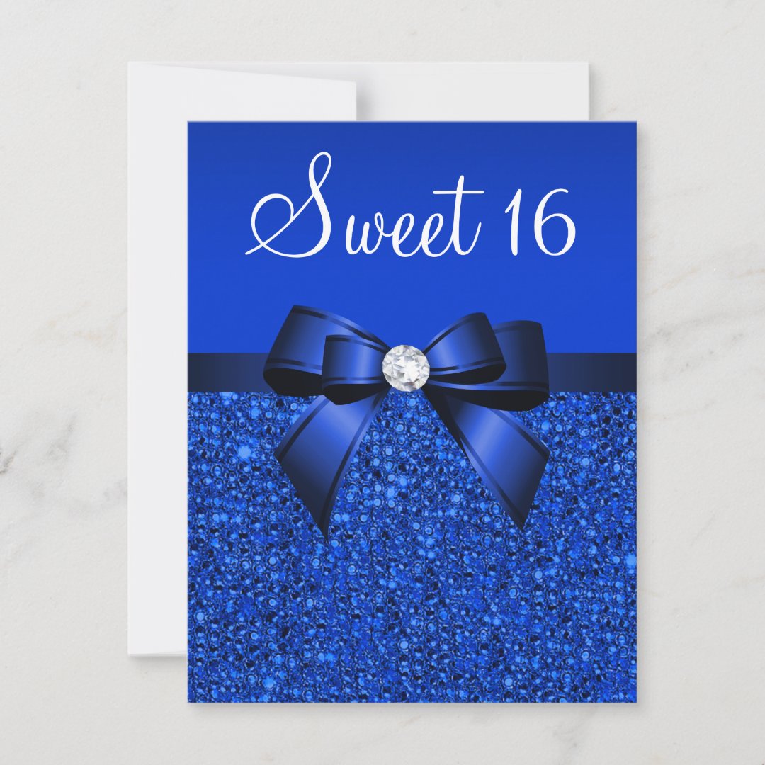 Printed Royal Blue Sequins, Bow & Diamond Sweet 16 Invitation | Zazzle