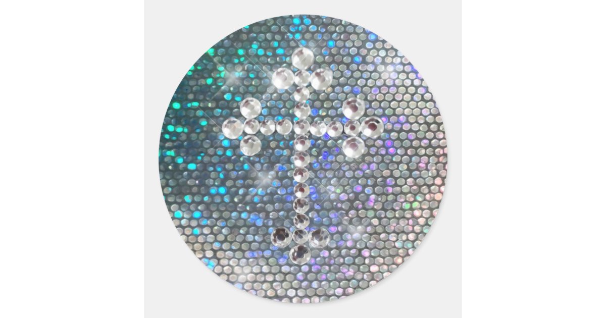 Printed Silver Bling Cross Classic Round Sticker | Zazzle