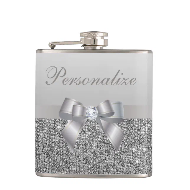 Printed Silver Sequins, Bow & Diamond ImageElegant Hip Flask | Zazzle