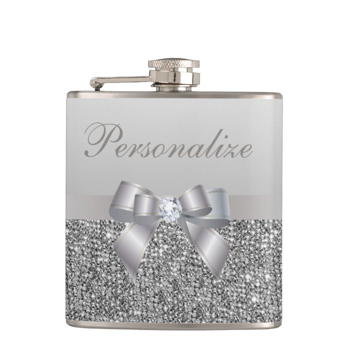 Printed Silver Sequins, Bow & Diamond ImageElegant Hip Flask | Zazzle.com