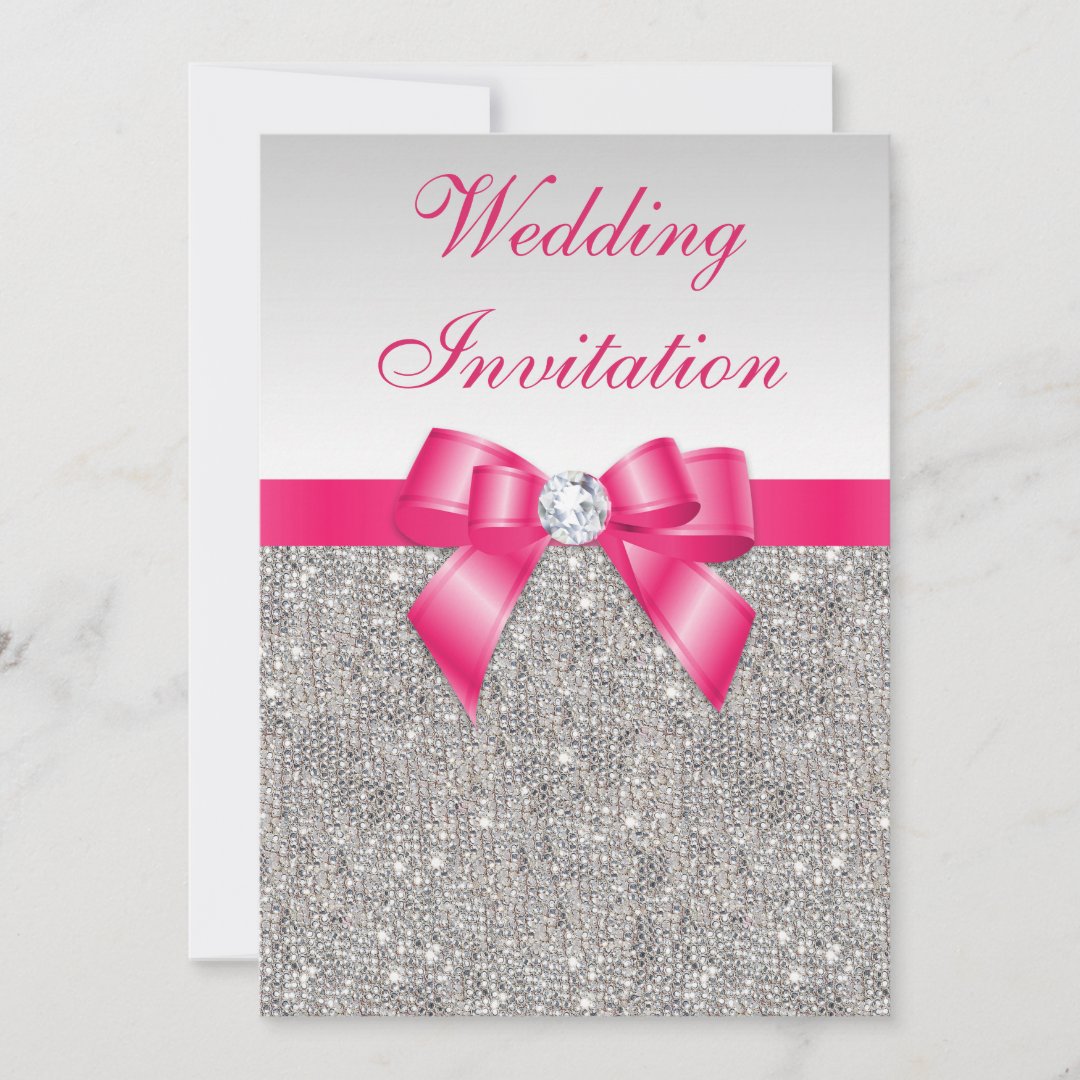 Printed Silver Sequins Hot Pink Bow Wedding Invitation | Zazzle
