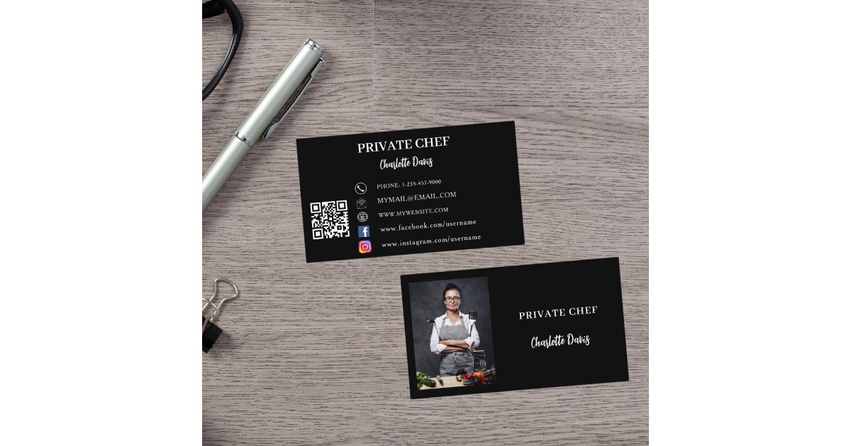 Private chef black white photo catering QR code Business Card | Zazzle