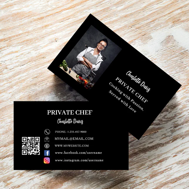 Private chef black white photo slogan love QR code Business Card | Zazzle