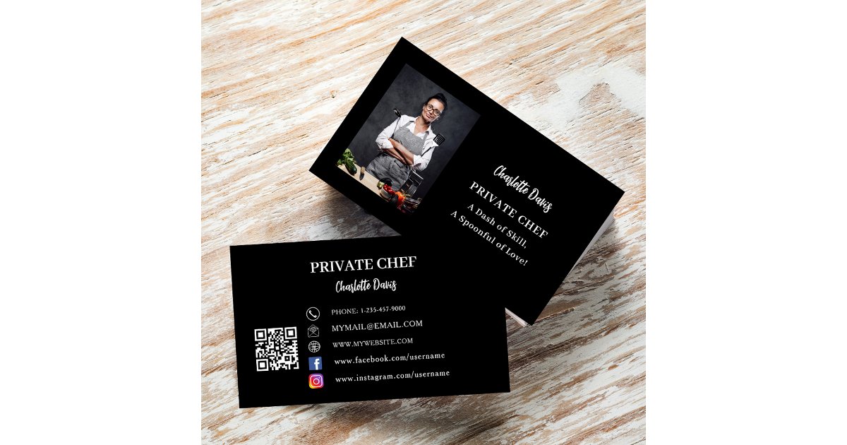 Private chef black white photo slogan QR code Business Card | Zazzle