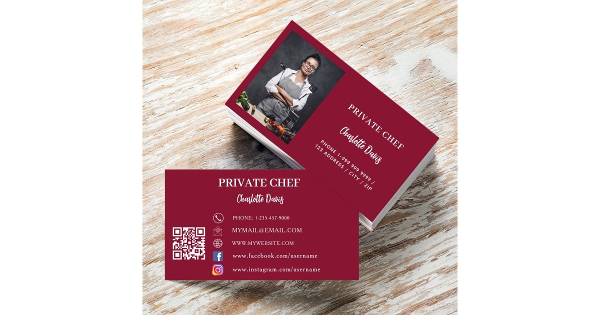 Private chef burgundy photo catering QR code Business Card | Zazzle