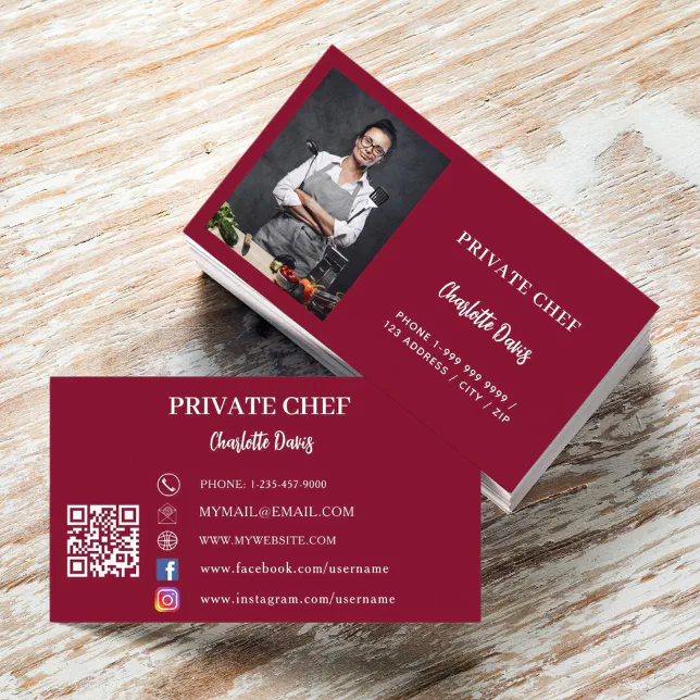 Private chef burgundy photo catering QR code Business Card | Zazzle