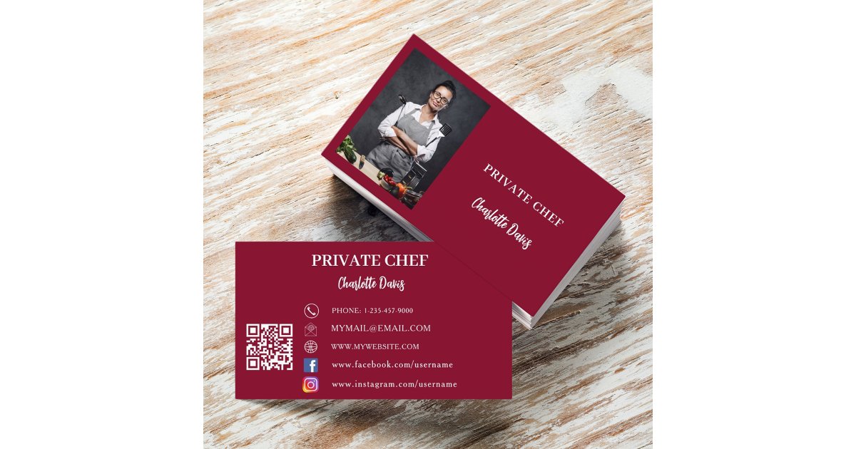 Private chef burgundy photo catering QR code Business Card | Zazzle
