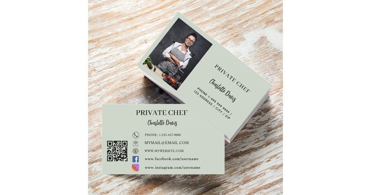 Private chef sage green photo catering QR code Business Card | Zazzle