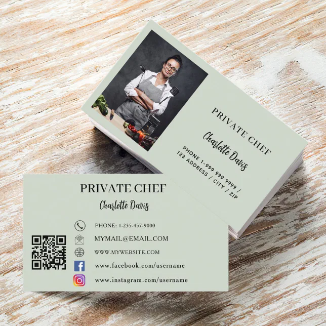 Private chef sage green photo catering QR code Business Card | Zazzle