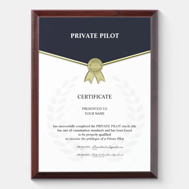Private Pilot Certificate Award Plaque | Zazzle