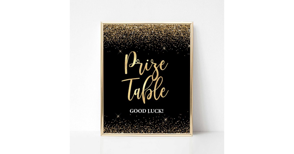 Prize Table Sign Black & Gold Glitter Confetti | Zazzle