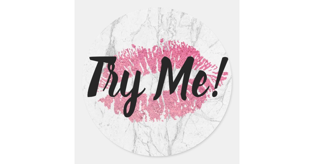 Product Tester Try Me Pink Lips White Marble Classic Round Sticker | Zazzle