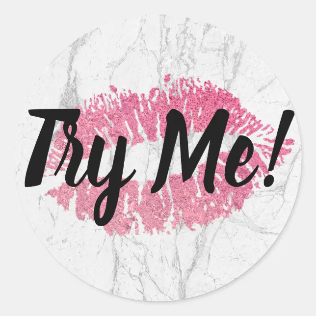 Product Tester Try Me Pink Lips White Marble Classic Round Sticker | Zazzle