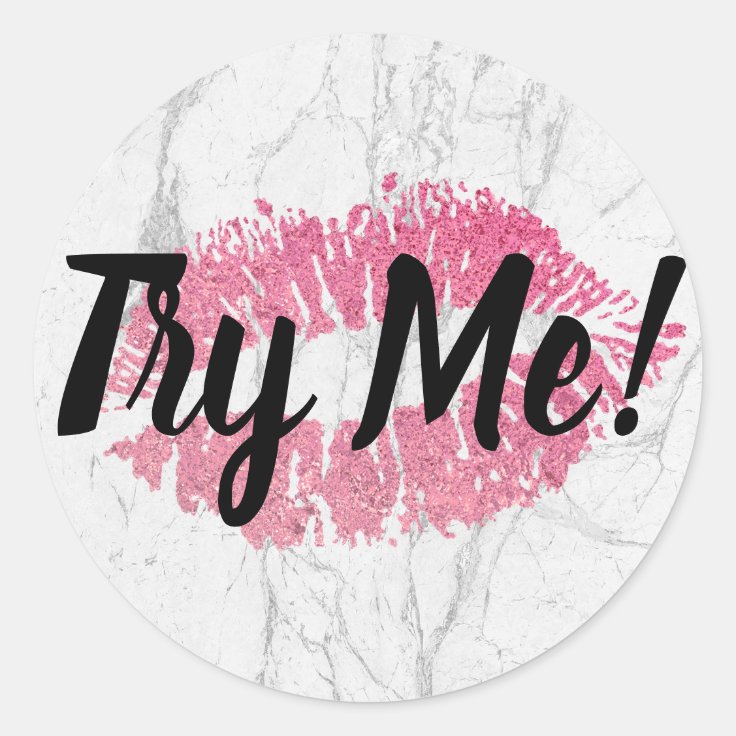 Product Tester Try Me Pink Lips White Marble Classic Round Sticker | Zazzle