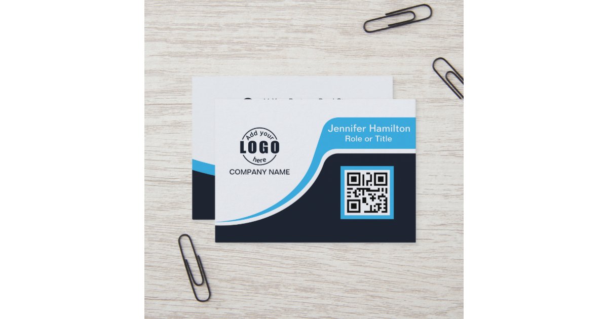 Professional Black Blue add your Logo QR Code Busi Business Card | Zazzle