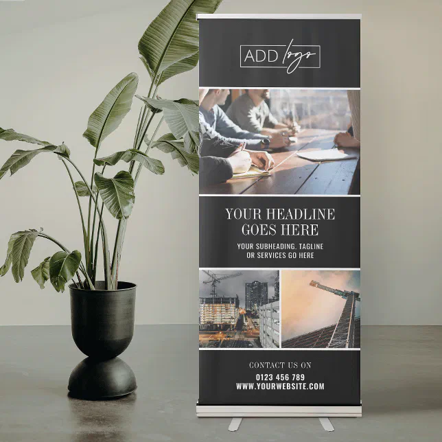 Professional Black Business Logo Photo Collage Retractable Banner | Zazzle