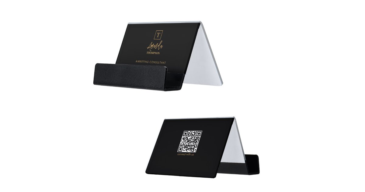Professional Black Gold Luxury Monogram QR Code Desk Business Card ...