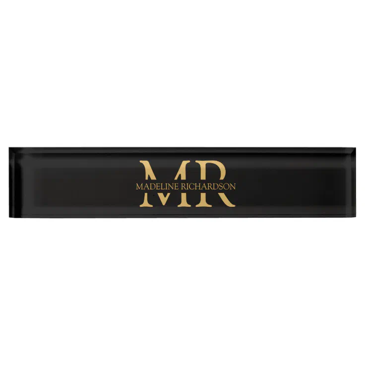 Professional Black Gold Monogram Name Initials Desk Name Plate | Zazzle