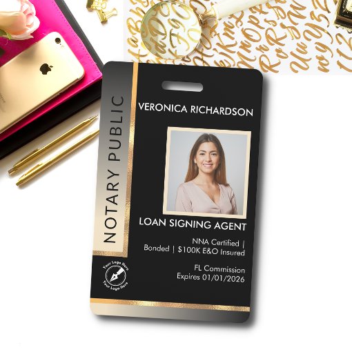 Professional Black & Gold Notary Photo ID Badge | Zazzle
