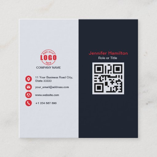 Professional Black Red add your Logo QR Code Square Business Card | Zazzle