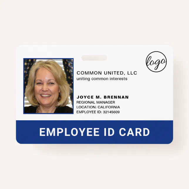 Professional Blue Company Logo Employee Photo ID Badge | Zazzle