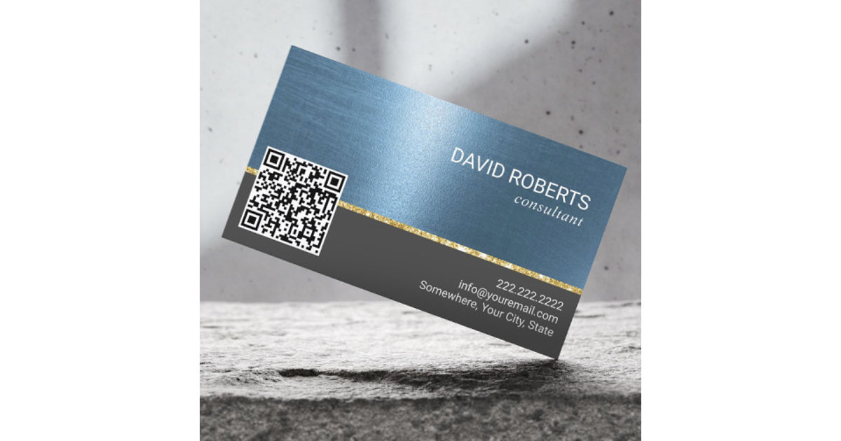 Professional Blue Metallic QR Code Business Card | Zazzle